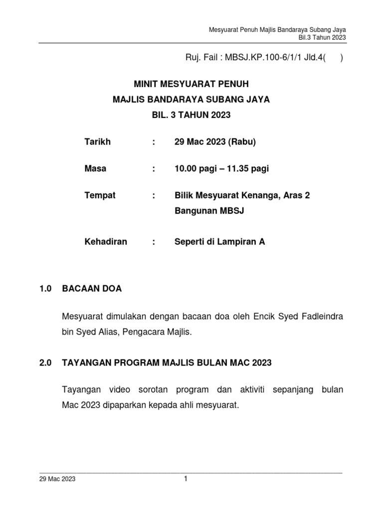 Minit Mesyuarat Penuh MBSJ Bil.03 2023 | PDF