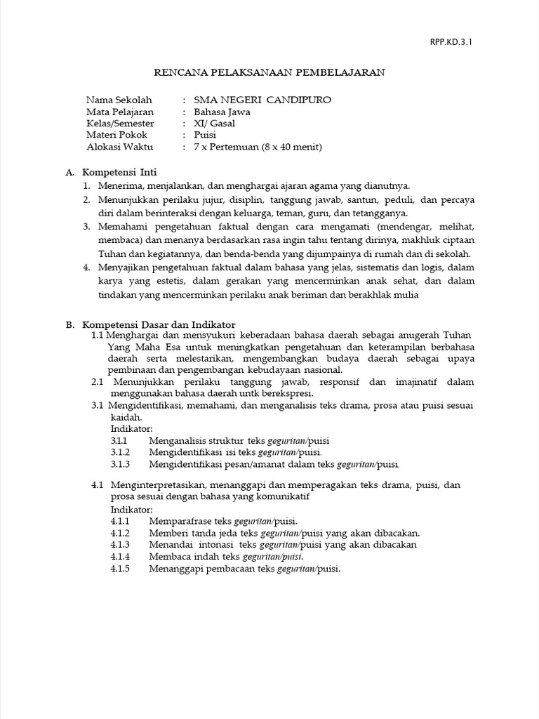 PDF RPP Bhs Jawa Xi KD 31 Geguritan | PDF