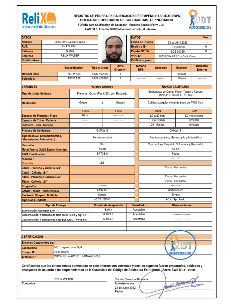 Aws d1.1 - Wpq-01329-Jhon Salazar 2g Gmaw | PDF | Construcción | Soldadura Aws d1.1 - Wpq-01329-Jhon Salazar 2g Gmaw | PDF | Construcción | Soldadura