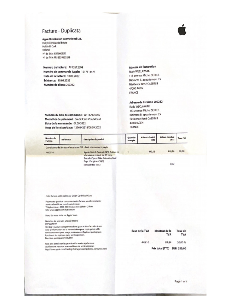 Facture - Apple Watch | PDF