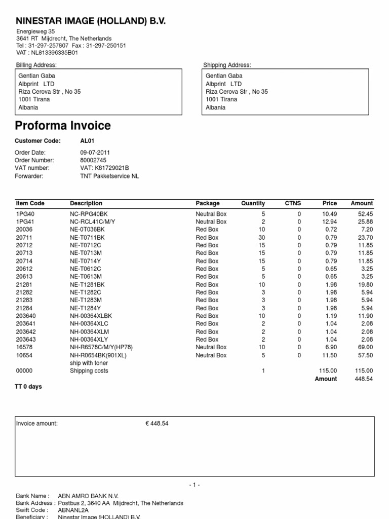 Proforma Invoice: Customer Code: AL01 | PDF