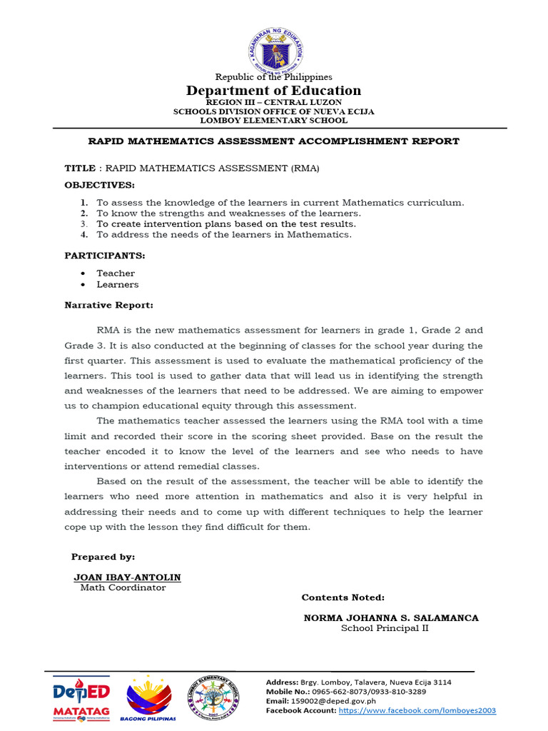 Department of Education: Rapid Mathematics Assessment Accomplishment ...