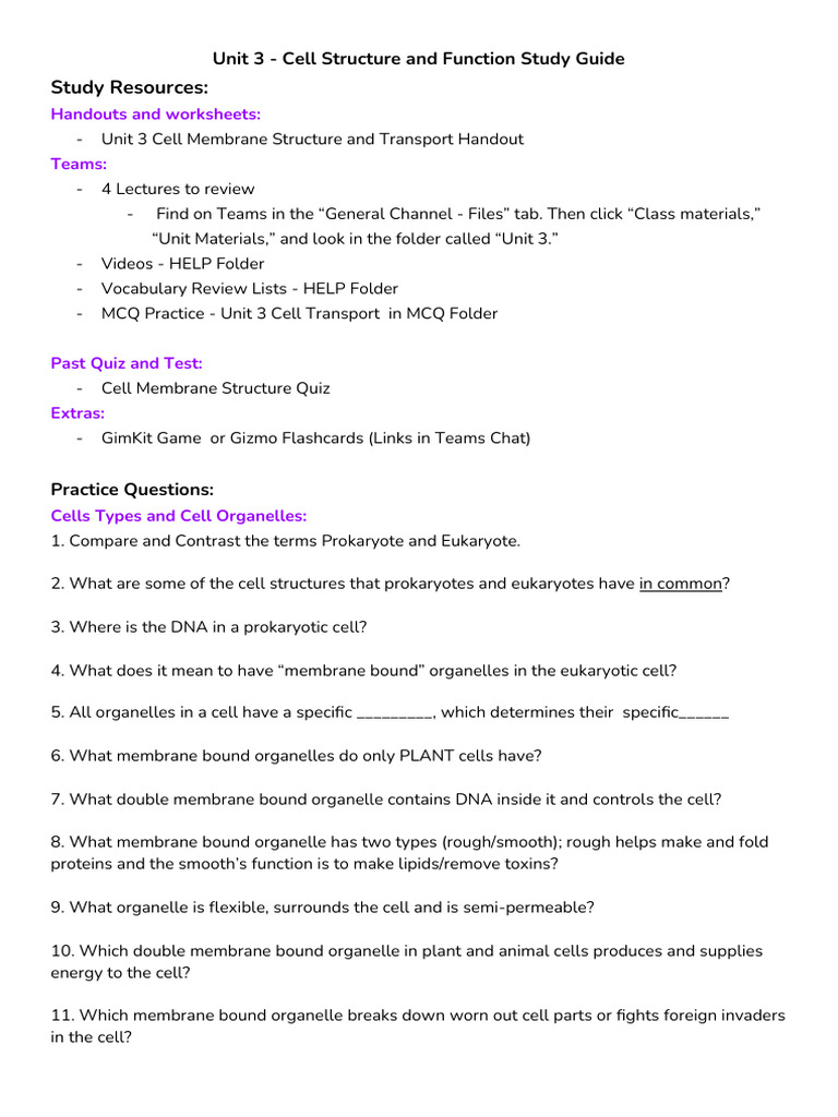 Unit 3 Study Guide - Cell Structure and Function | PDF | Cell (Biology) | Cell Membrane