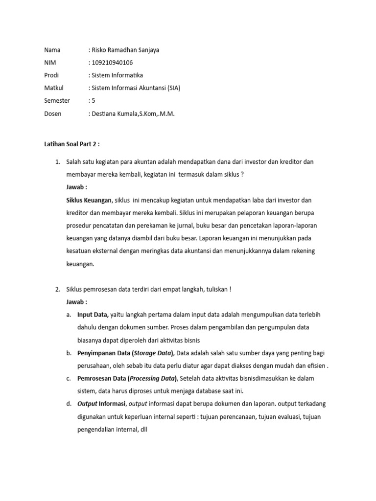 Latihan Soal SIA Part 2-Risko.R.Sanjaya-109210940106 | PDF