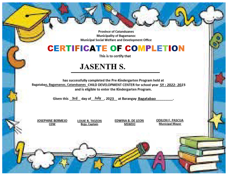 Pre-Kindergarten Completion Certificate | PDF