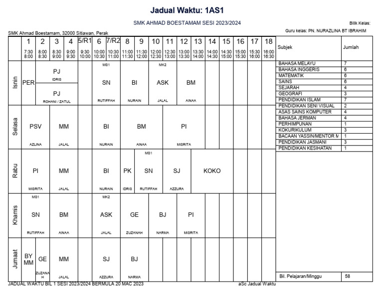JADUAL WAKTU KELAS 1AS1 | PDF