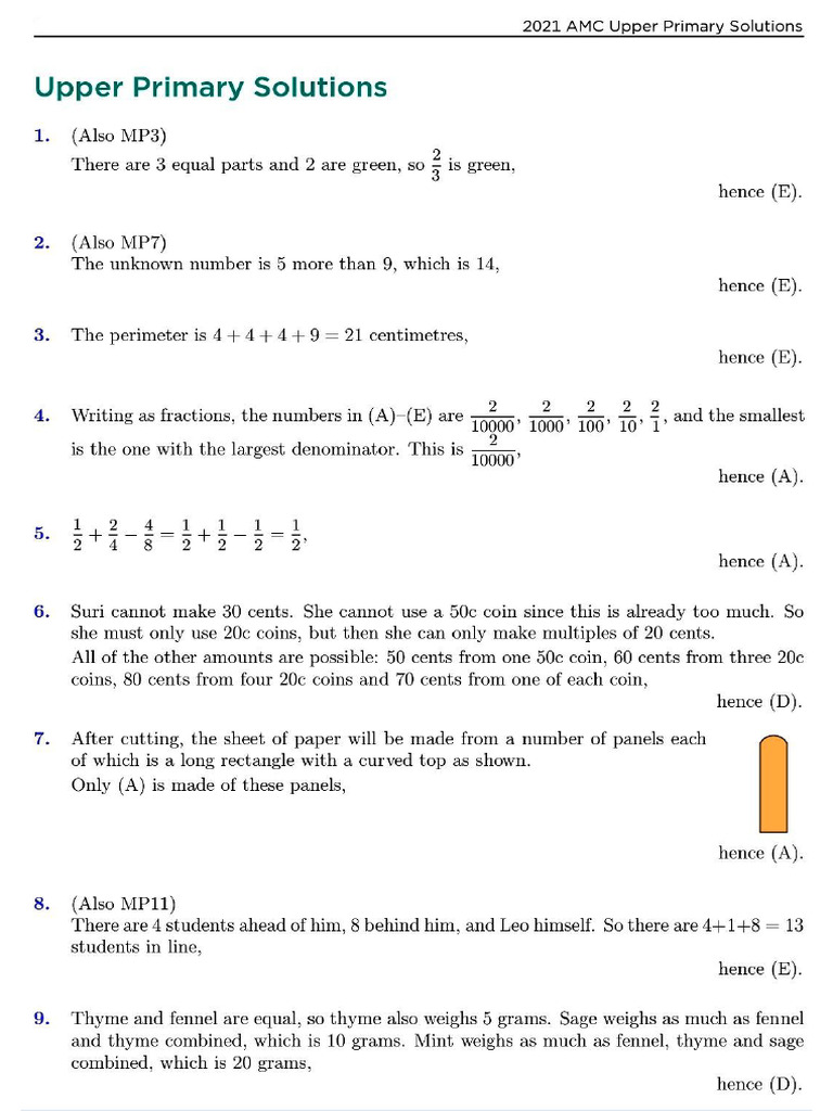2021 Australian Mathematics Competition AMC Upper Primary Years 5 - 6 ...