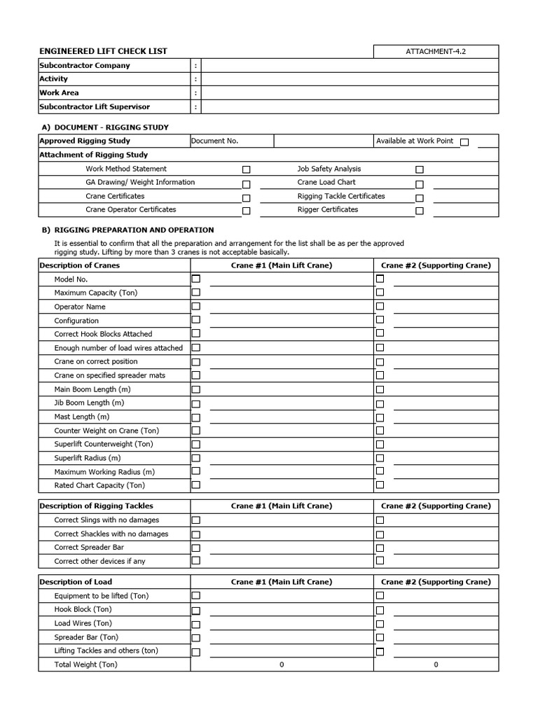 4.2. Engineered Lift Check List | PDF | Crane (Machine) | Manufactured ...