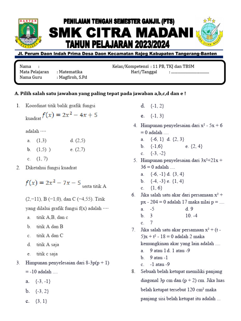 Pts MTK Kelas 11 | PDF