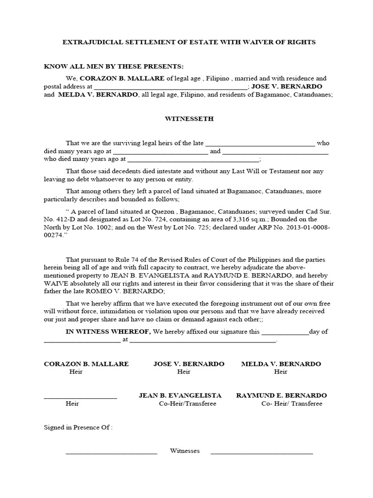 Extrajudicial Settlement of State With Waiver of Rights | PDF | Civil ...