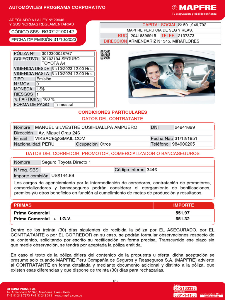 Póliza de Seguro Automotriz MAPFRE 2023 | PDF | Póliza de seguros | Seguro
