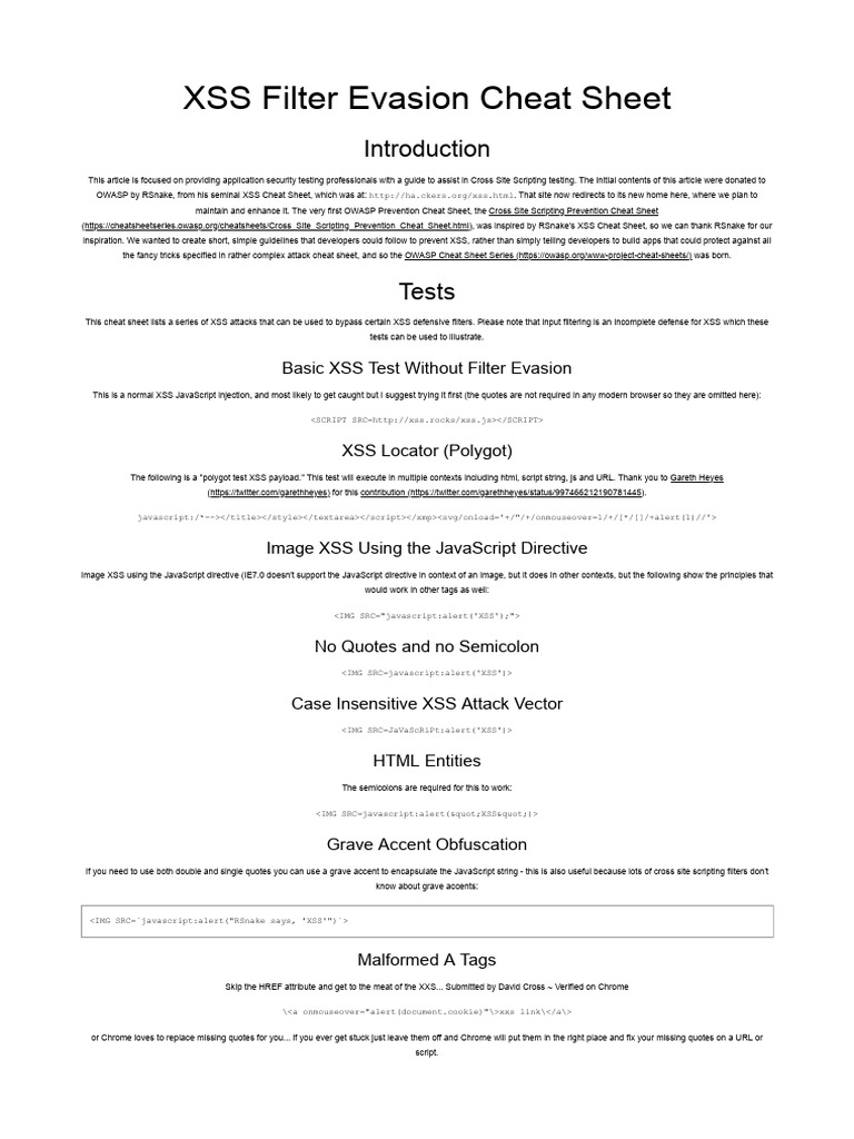 XSS Filter Evasion Cheat Sheet | PDF | Html Element | Java Script