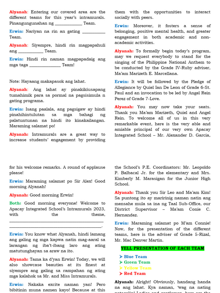 Emcee Script - Intrams | PDF