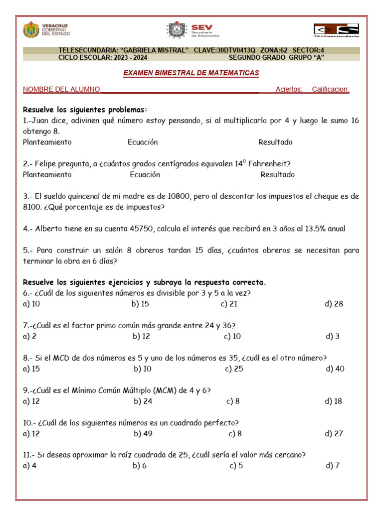 Examen de Matematicas Trimestre 1 | PDF | Matemática Elemental ...