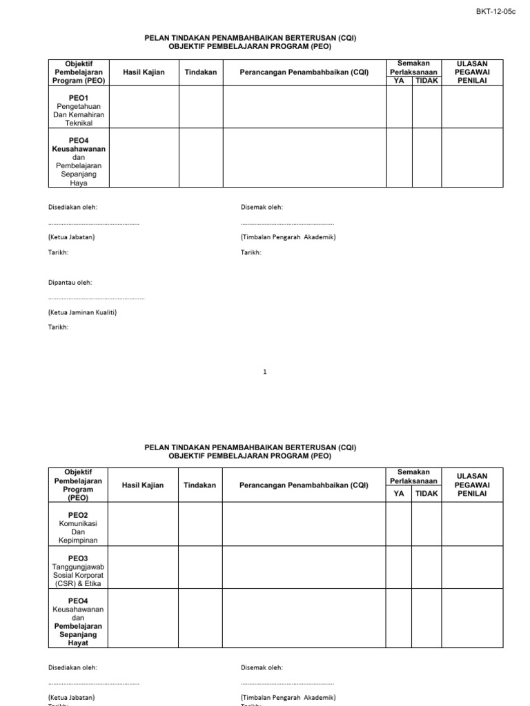 BKT-12-05c Borang Pelan Tindakan CQI PEO | PDF
