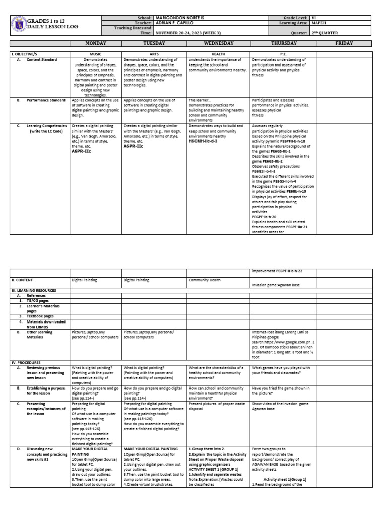 DLL - Mapeh 6 - Q2 - W3 | PDF | Learning | Paintings