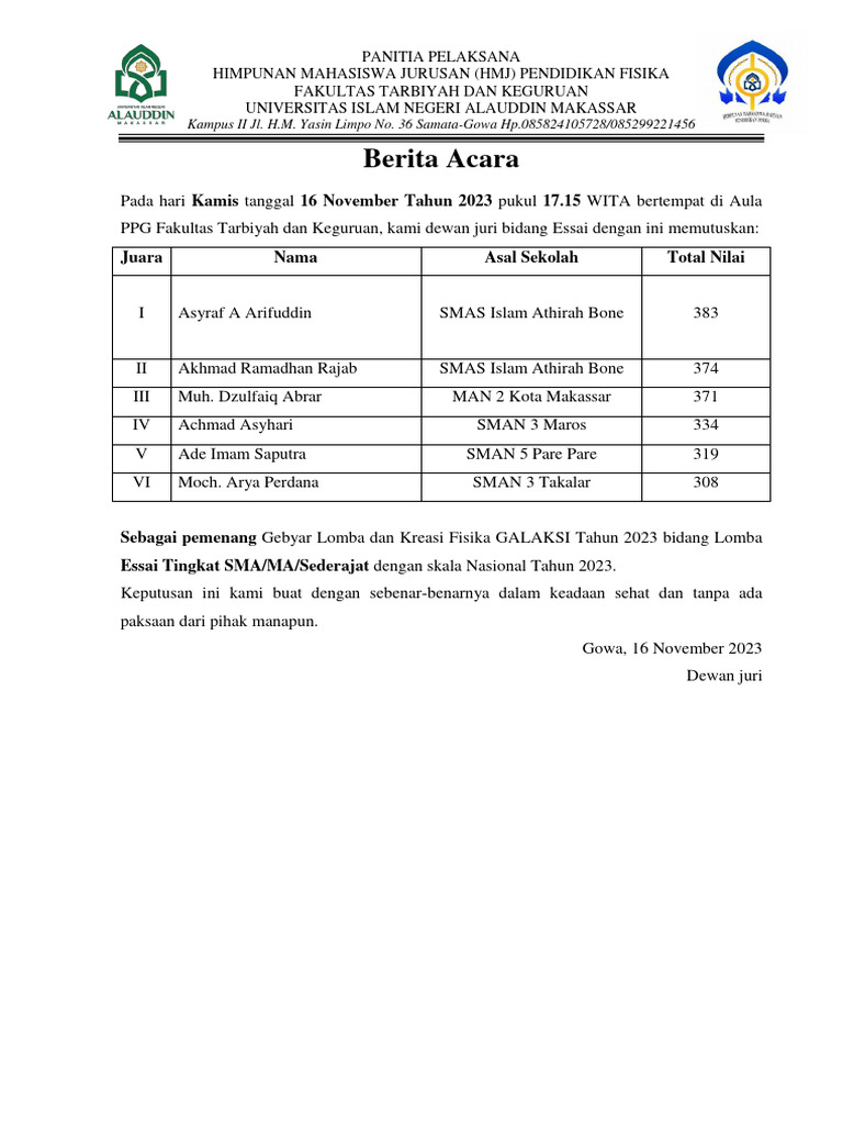 Berita Acara Lomba Essai | PDF