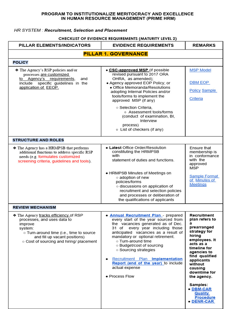 PRIME-HRM Evidence Requirements Checklist - RSP | PDF | Recruitment ...