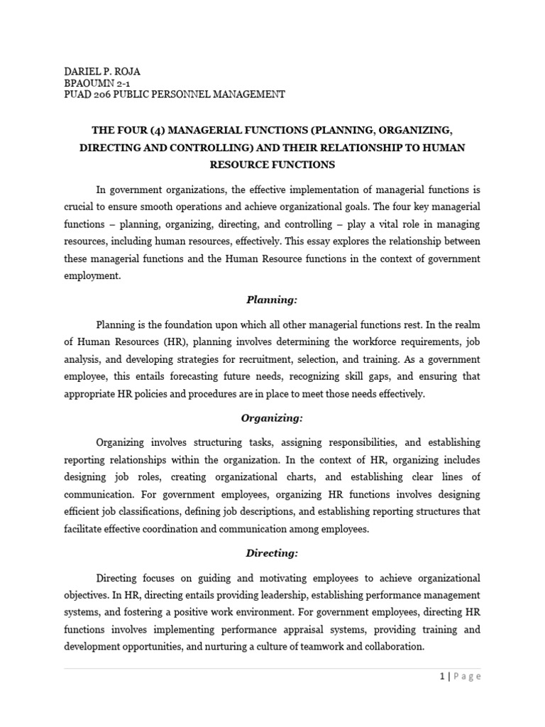The Four 4 Managerial Functions Planning Organizing Directing And Controlling And Their
