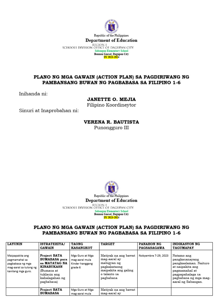 Action Plan Buwan NG Pagbasa 2023-2024 | PDF