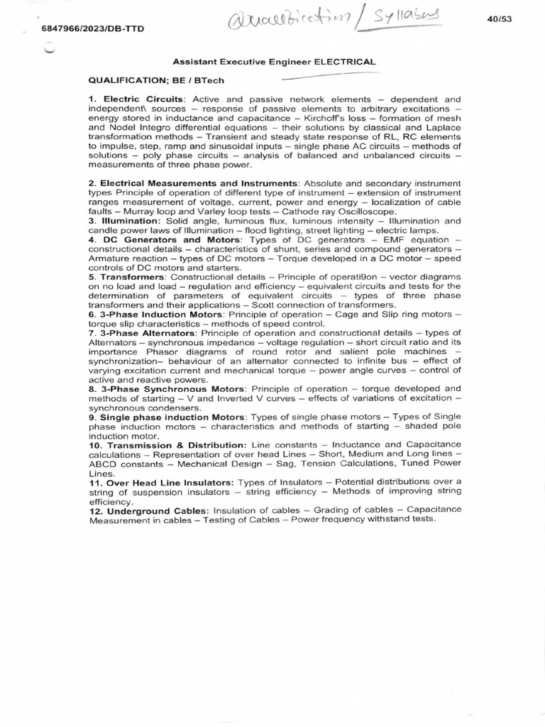 AEE Electrical Syllabus Overview | PDF | Electric Motor | Power Station