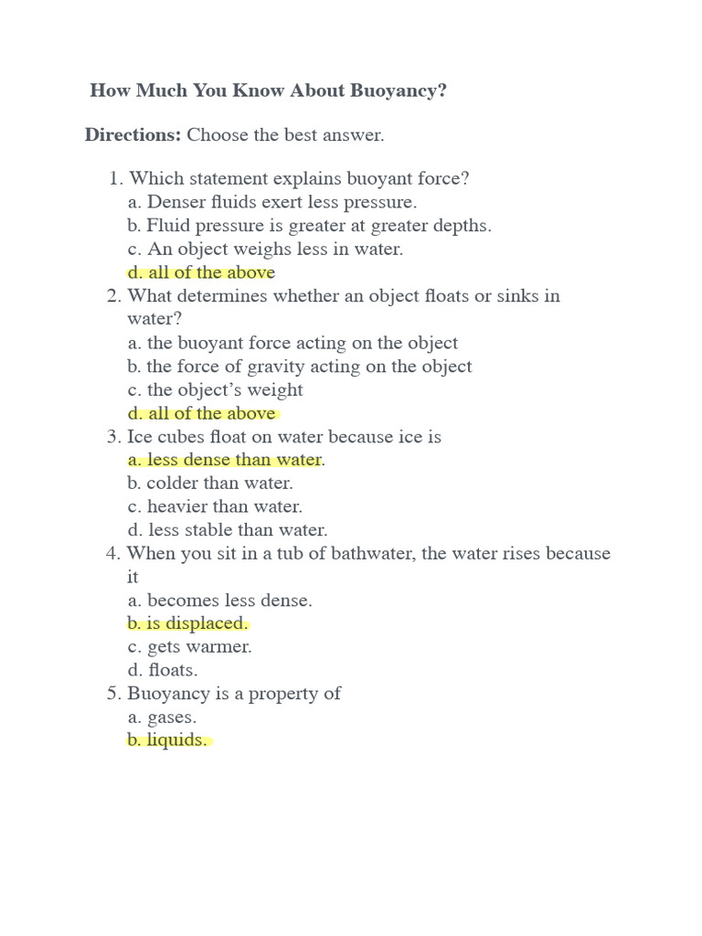 Understanding Buoyancy Concepts Quiz | PDF | Buoyancy | Liquids