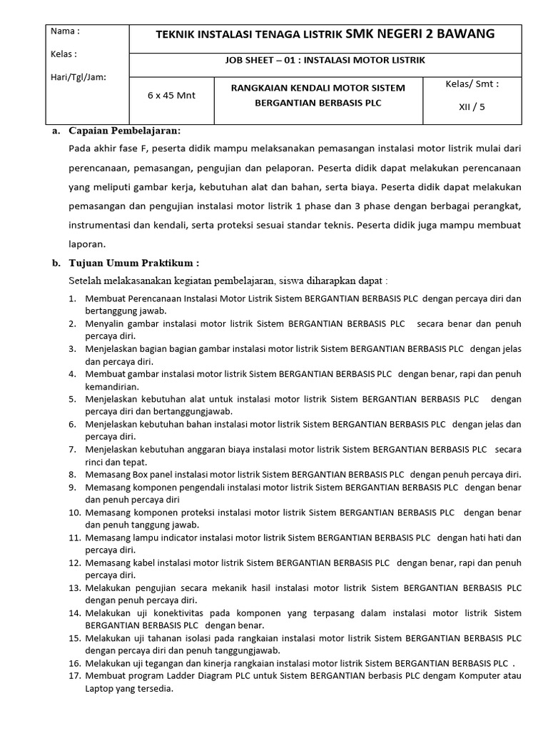 Job Sheet Praktek IML Sistem BERGANTIAN Berbasis PLC XII TITL 2023 | PDF