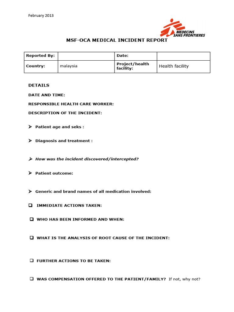 Medical Incident Report Template OCA | PDF
