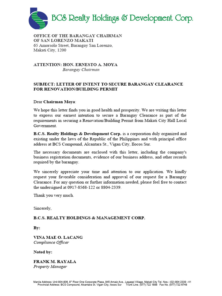 Letter of Intent To Secure Barangay Clearance For Renovation Building ...