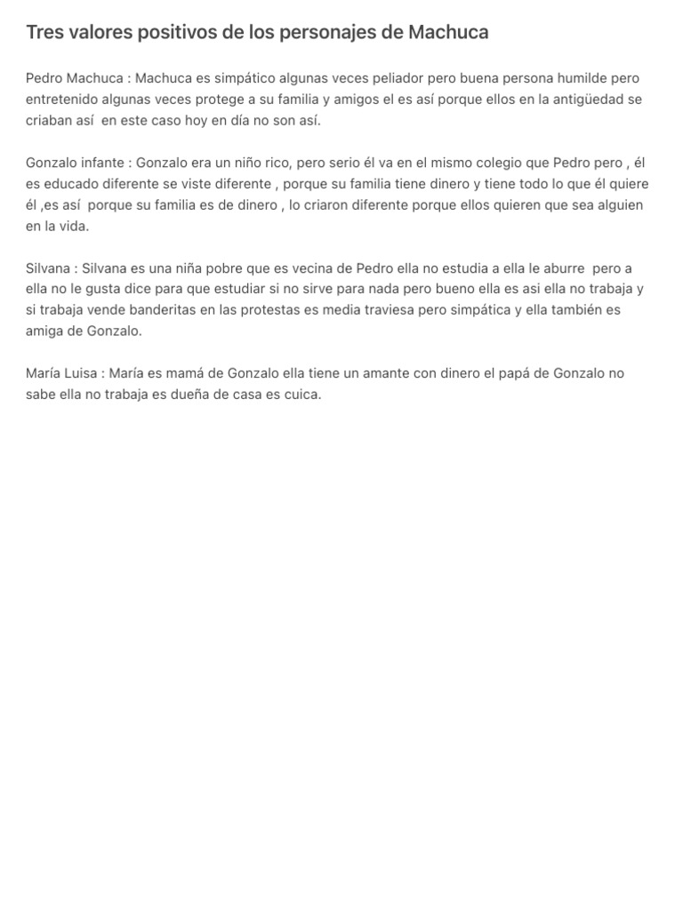 Tres Valores Positivos de Los Personajes de Machuca | PDF