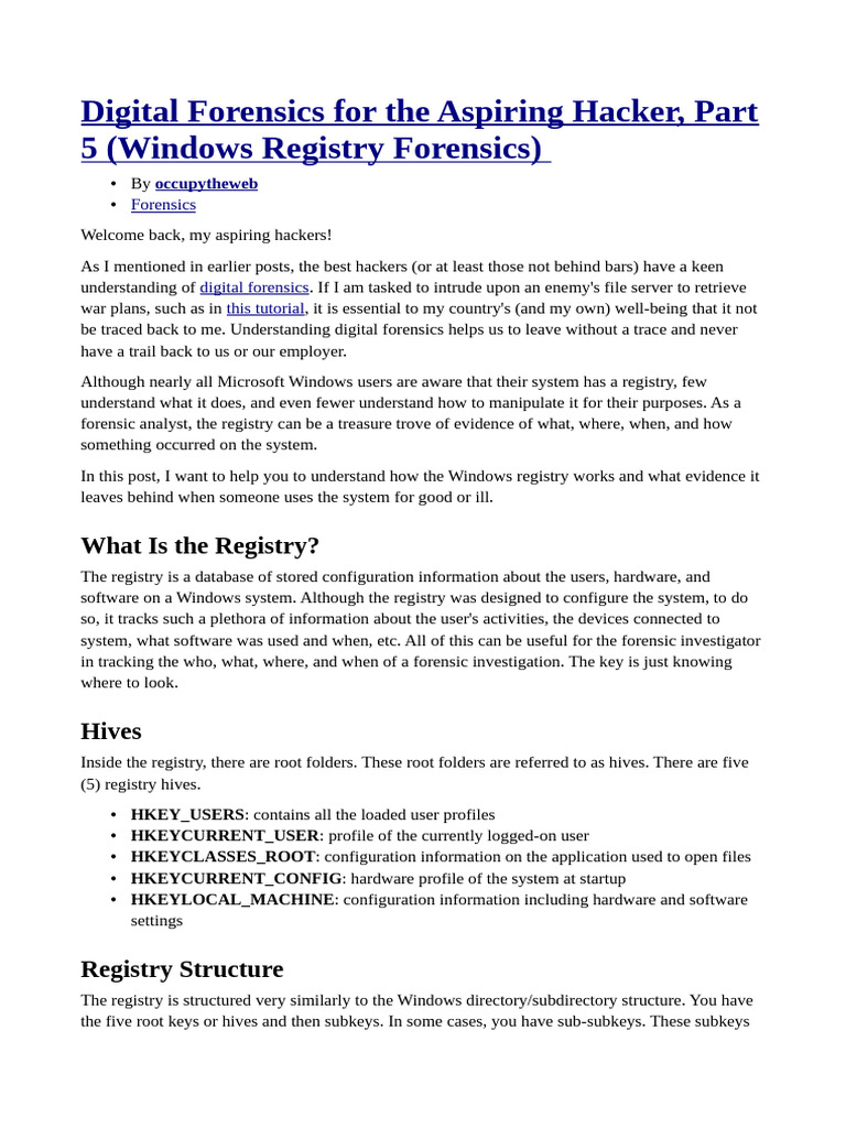 Digital Forensics For The Aspiring Hacker, Part 5 Windows Registry | Download Free PDF | Windows ...