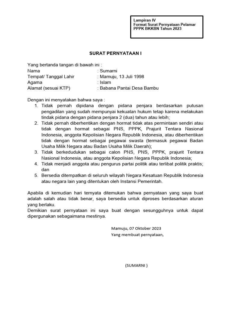 Lampiran IV - Format Surat Pernyataan PPPK BKKBN 2023 | PDF | Politik | Ilmu Sosial