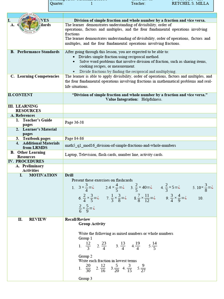 Lesson Plan-Division of Fraction | PDF | Learning | Cognition