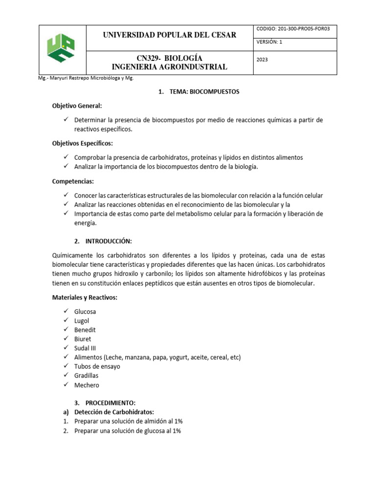 CN 329 Biocompuestos Guia | PDF | Carbohidratos | Biomoléculas
