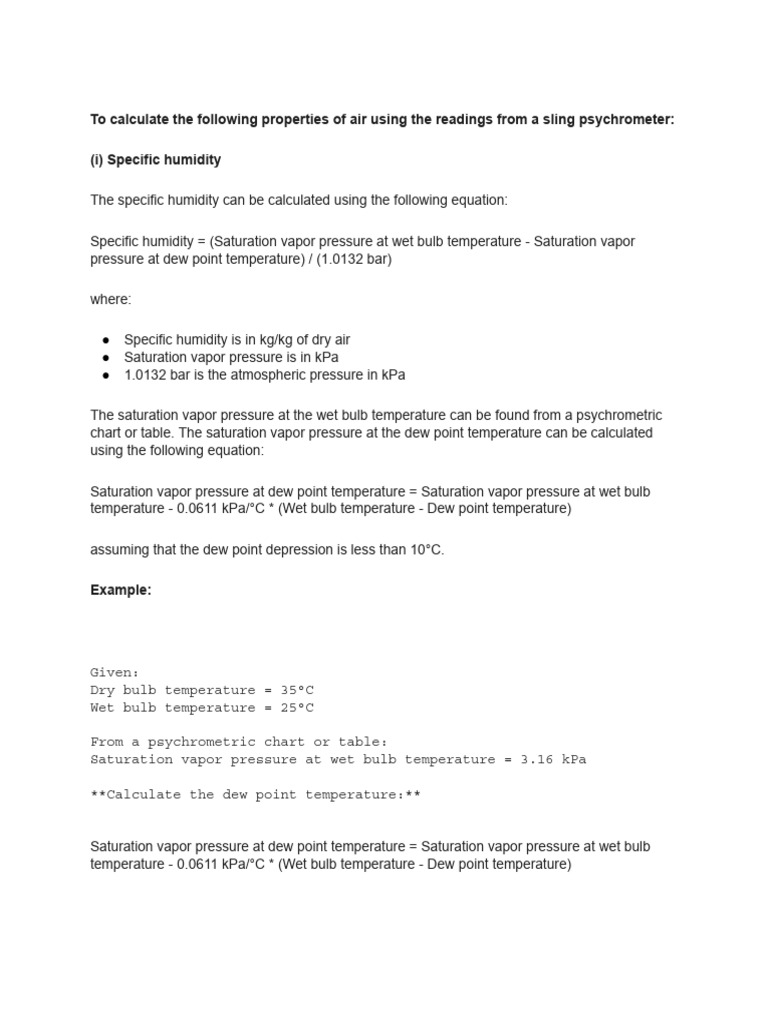 To Calculate The Following Properties of Air Using The Readings From A ...