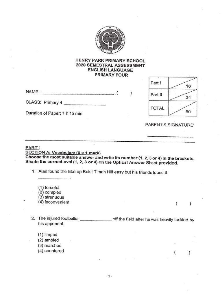 P4 English 2020 SA2 Henry Park Exam Paper | PDF