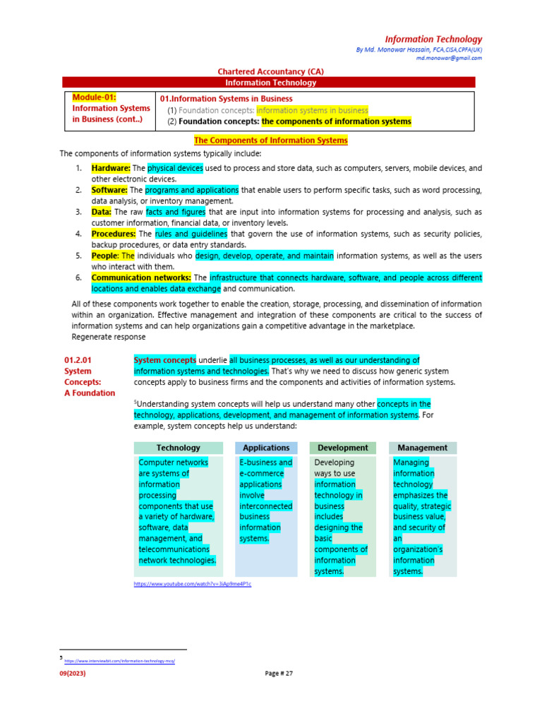 CA (CL) - IT - (Module-1) - (02) - The Components of Information ...