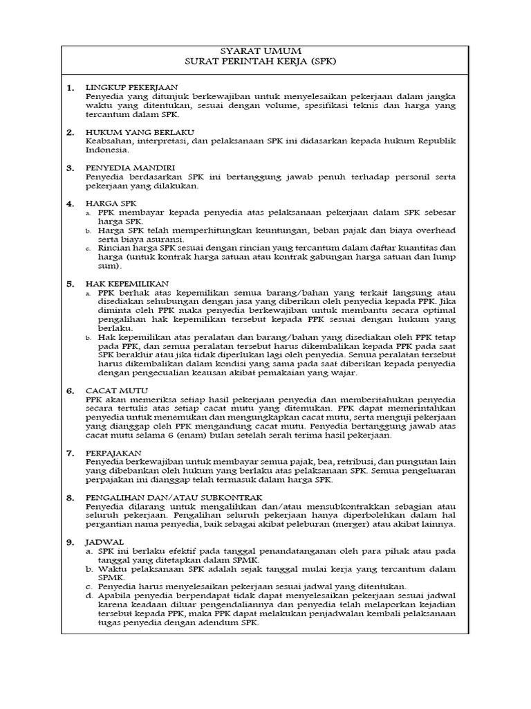 Syarat Umum Surat Perintah Kerja SPK | PDF