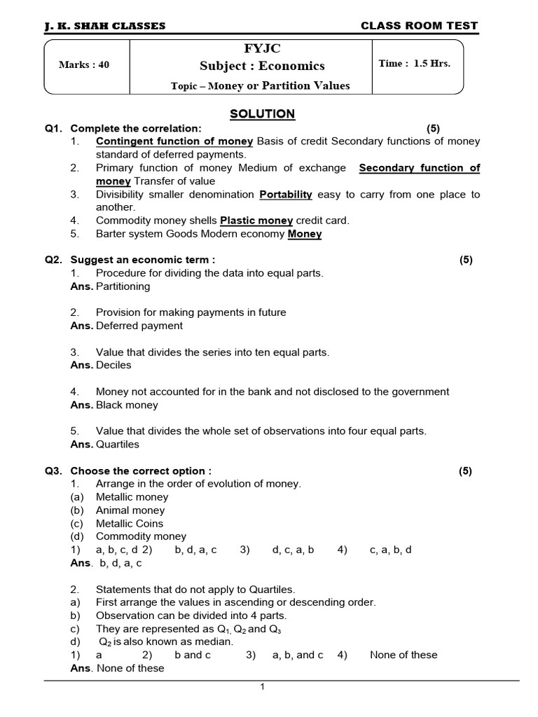 FYJC ECONOMICS Money or Partition SOLUTIONValues | PDF | Money | Coins