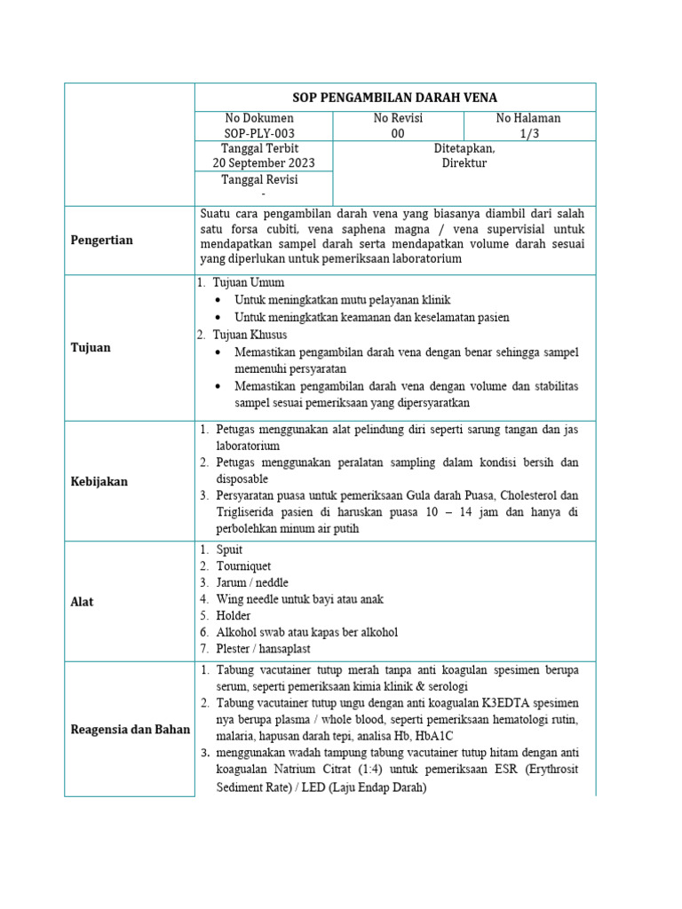Sop Pengambilan Darah Vena | PDF | Sains & Matematika