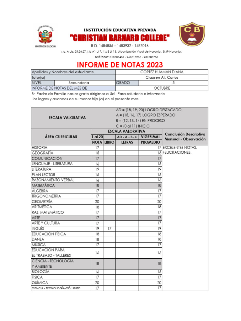"Christian Barnard College": Informe de Notas 2023 | PDF | Evaluación ...