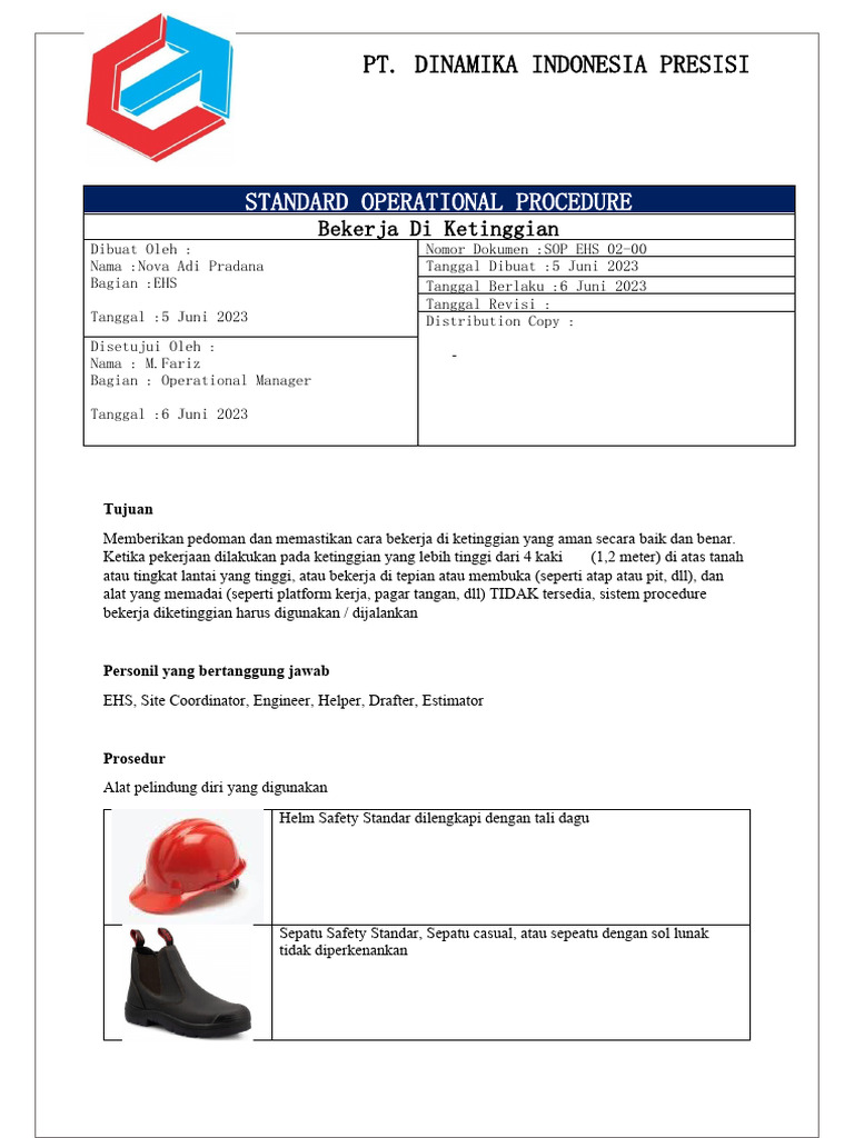 SOP EHS 02 - 00 - Bekerja Di Ketinggian | PDF