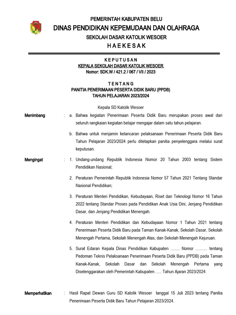 SK Panitia PPDB SD 2022-2023 (Panduanmengajar - Com) | PDF