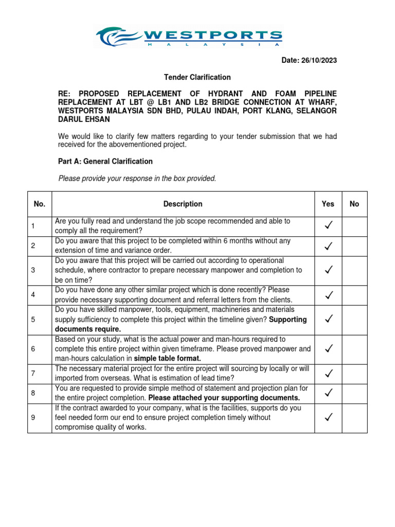 TENDER CLARIFICATION NO. 1 - Answer - Part 1 | PDF | Pipe (Fluid ... TENDER CLARIFICATION NO. 1 - Answer - Part 1 | PDF | Pipe (Fluid ...