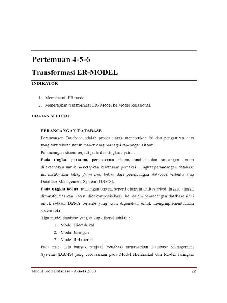 Pertemuan Transformasi ER-MODEL INDIKATOR. 1. Memahami ER Model 2 ...