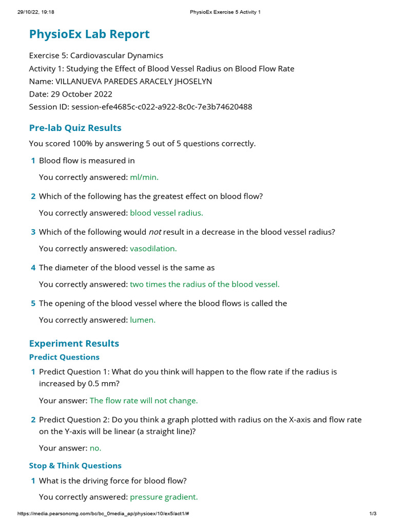 PhysioEx Exercise 5 Activity 1 | PDF | Hemodynamics | Blood Vessel