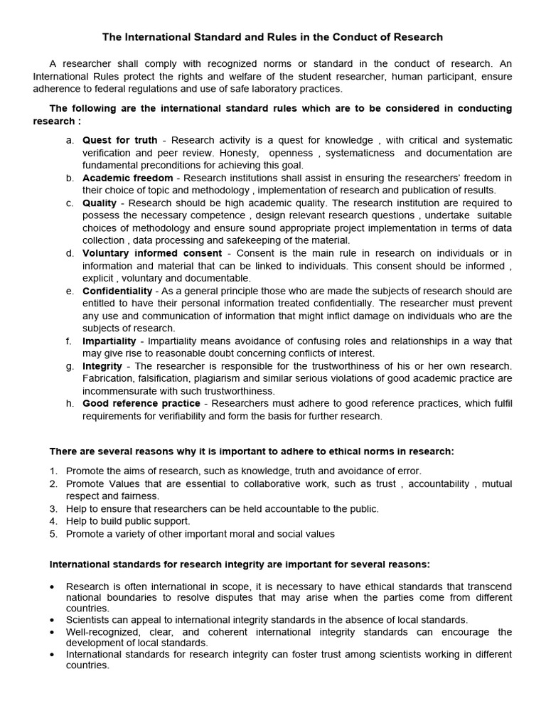 The International Standard and Rules in The Conduct of Research | PDF ...