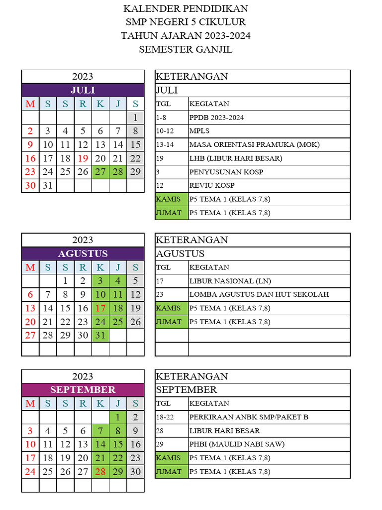 Kalender Pendidikan SMP 5 Cikulur 2023-2024 | PDF | Metode & Bahan Ajar