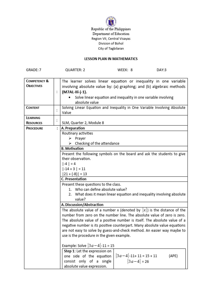 Prototype Lesson Plan in Math 7 Q2 Week8 Day 3 | PDF | Equations | Numbers