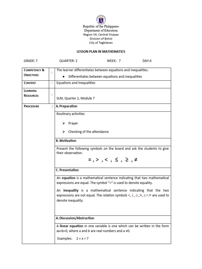 Prototype Lesson Plan in Math 7 Q2 Week7 Day 3 | PDF | Equations | Mathematics